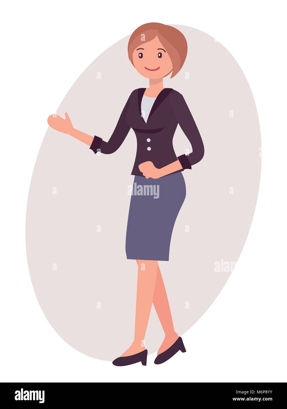 Cartoon character design female woman stand with welcome gesture smile ...