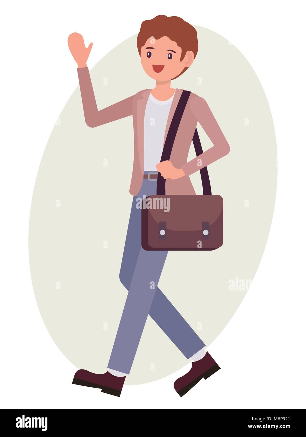 Cartoon character design male man with leather shoulder bag wave hand ...