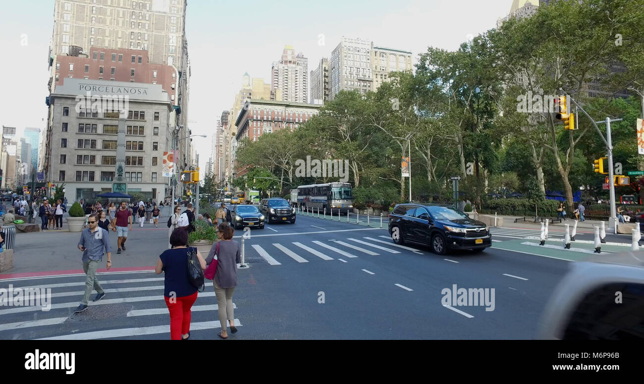 New York City, Circa 2017: Wide view outside NYC park of busy Manhattan ...