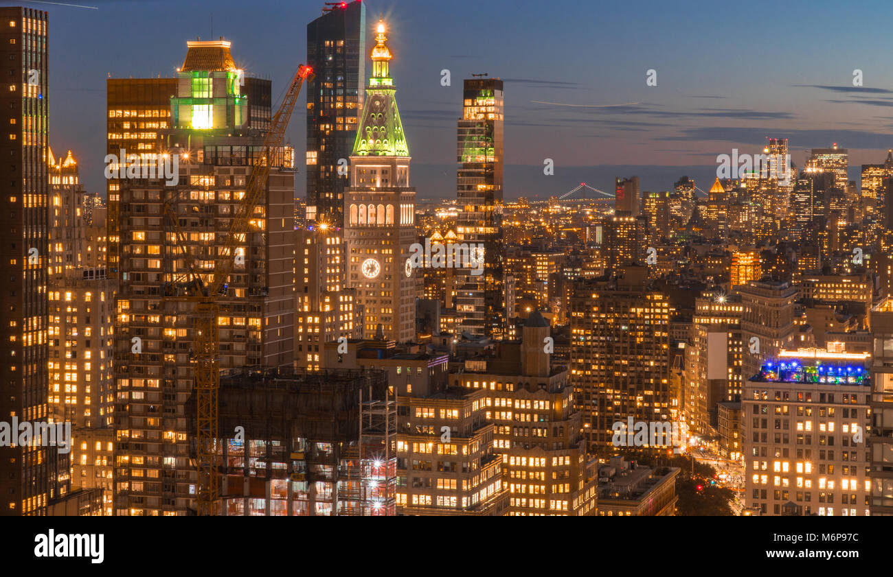 Midtown manhattan aerial long exposure night time view. Buildings light ...