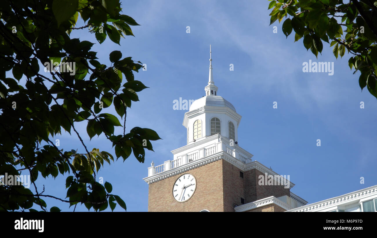 Day time exterior establishing shot of clock tower steeple above ...