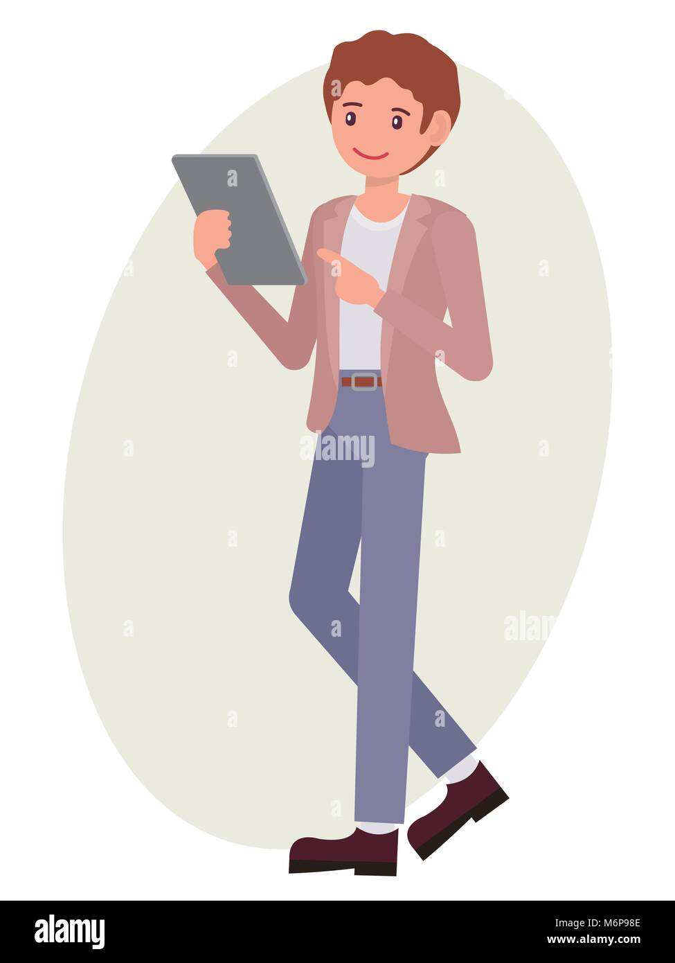 Cartoon character design male man watch and point at tablet with smile ...