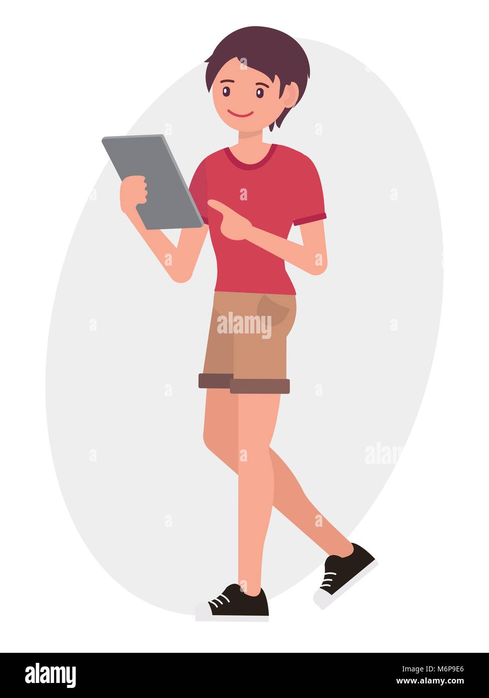 Cartoon character design male man watch and point at tablet with smile ...