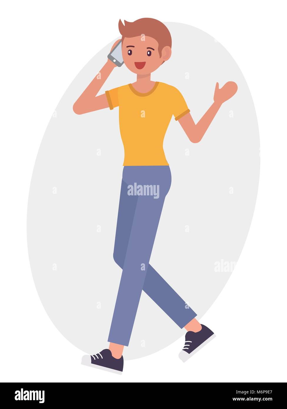 Cartoon character design male man walking talk on the phone cheerfully ...