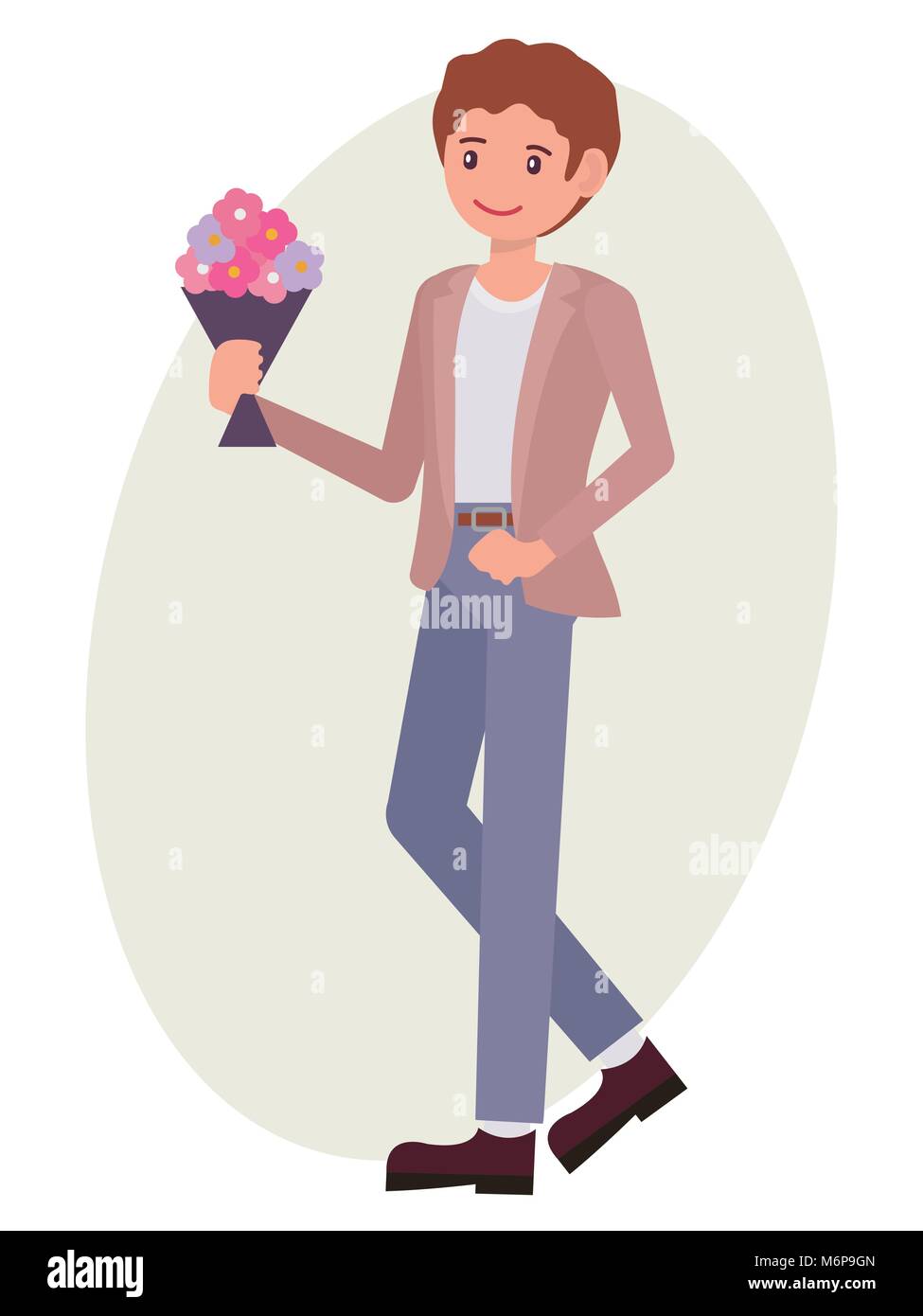 Cartoon character design male man holding flower bouquet wait for lover ...