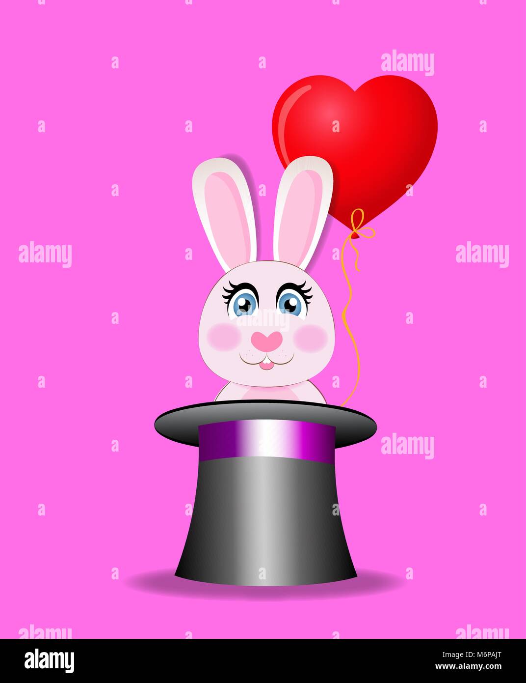 Cute Cartoon Pink Rabbit With Red Heart Shaped Balloon Sitting In The