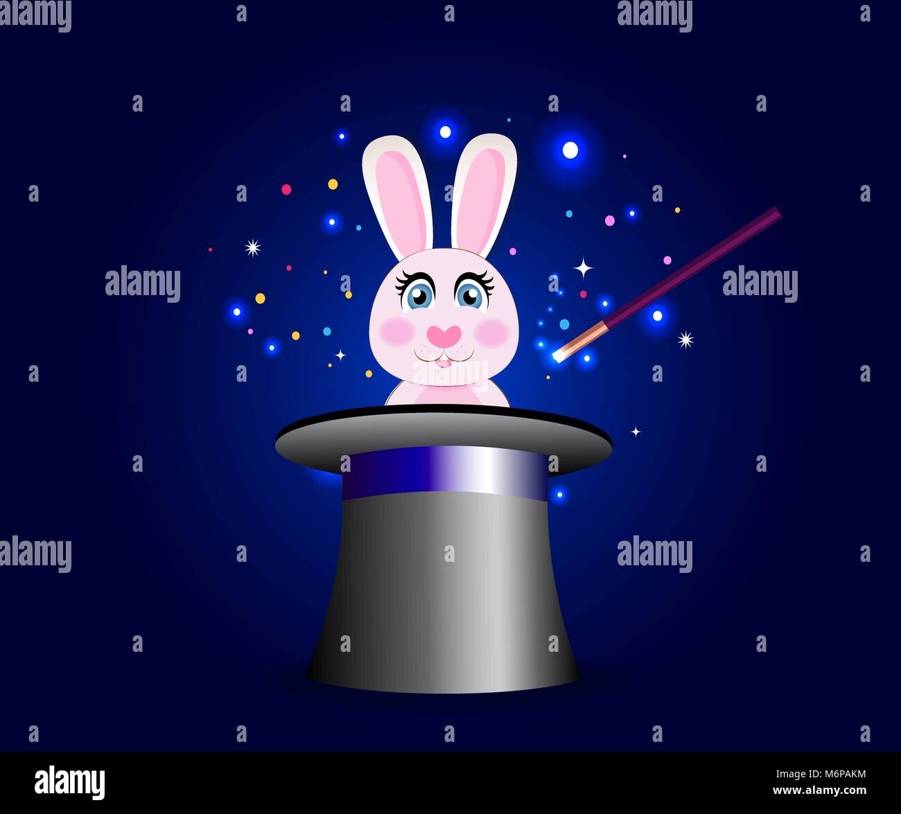 Bunny in magic hat with wand on blue sparkling glow background. Cute ...