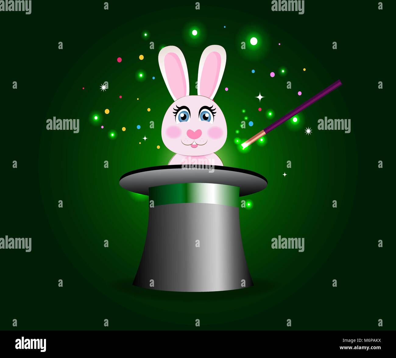 Bunny in magic hat with wand on green sparkling glow background. Cute ...