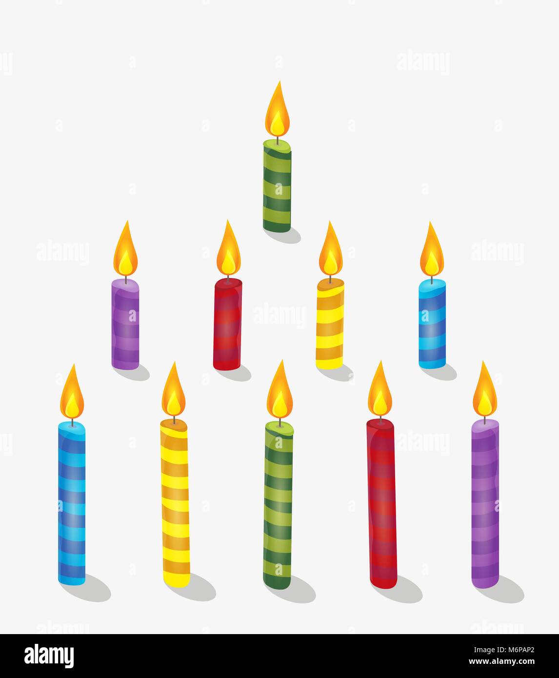 Vector illustration of colored striped burning candles isolated on ...