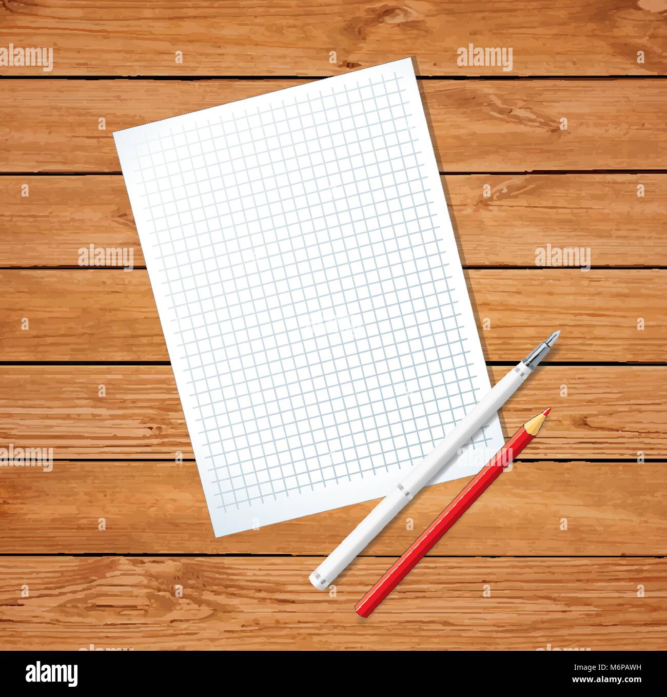 Clean sheet blank with fountain pen and red pencil on wooden background ...