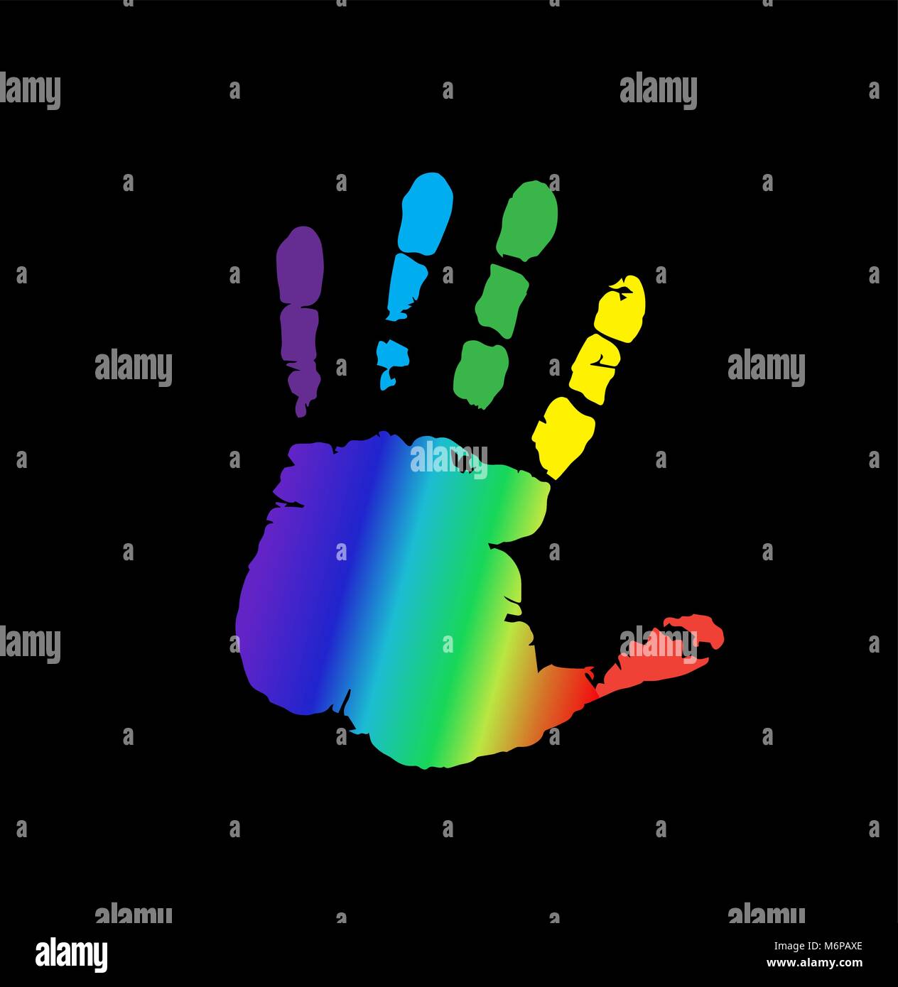 Rainbow multicolored silhouette of human hand print isolated on black ...