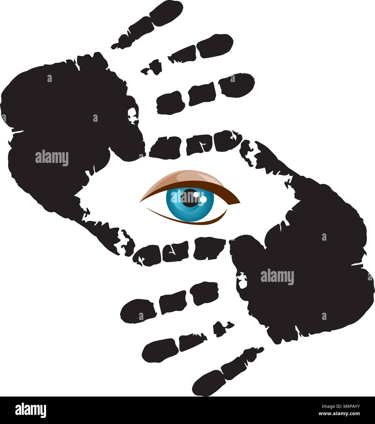 Blue eye looking at you through hand frame isolated on white background ...