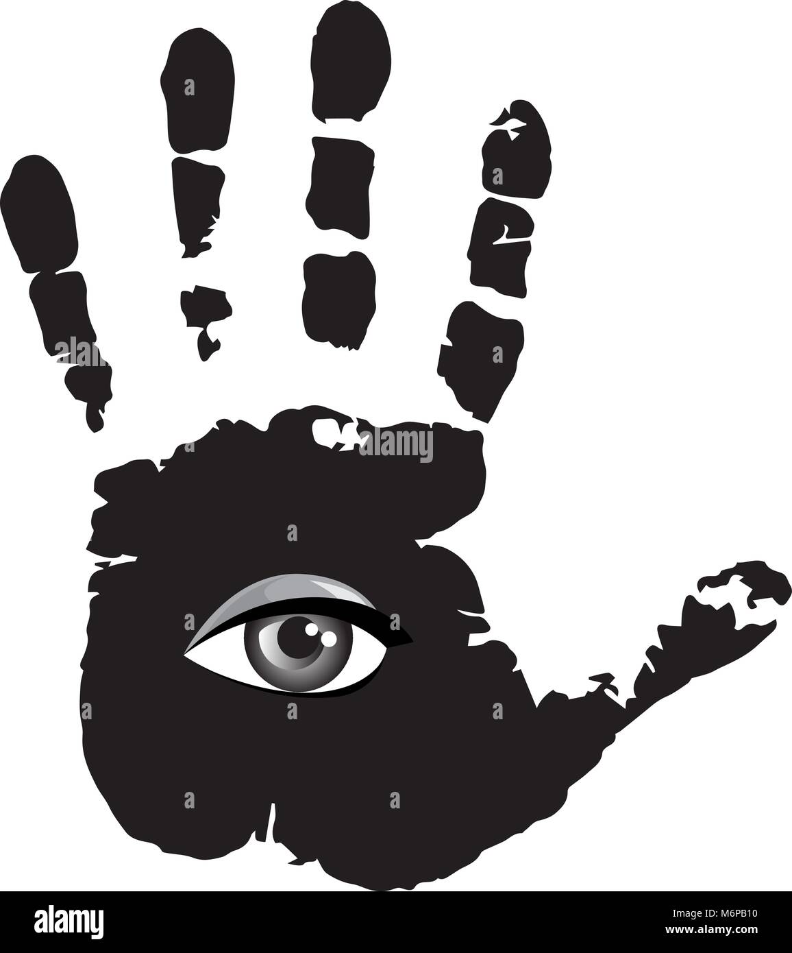 Black and white illustration of hand print with all seeing eye inside ...