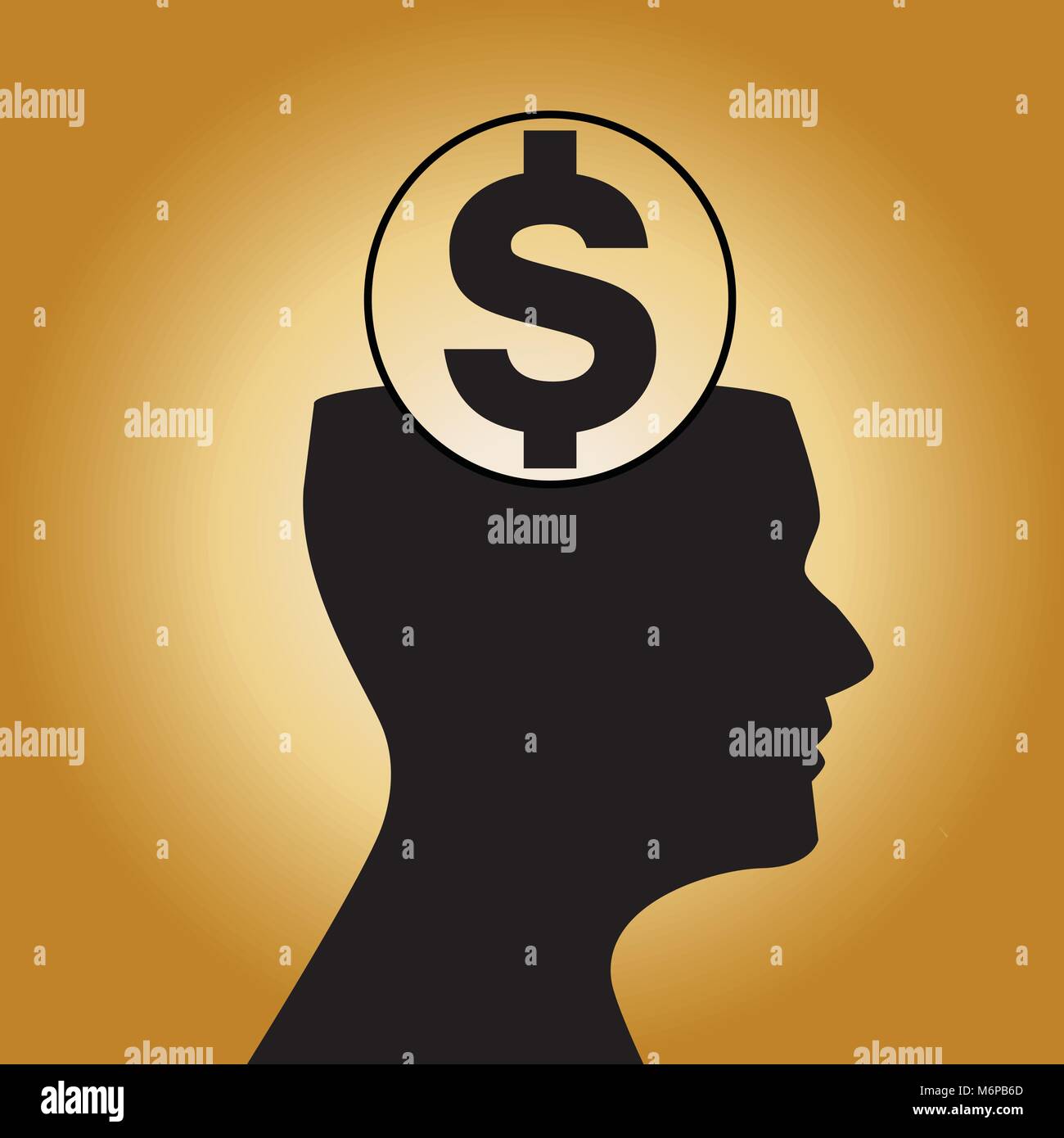 Sign of dollar inside of human head on golden background. Vector ...