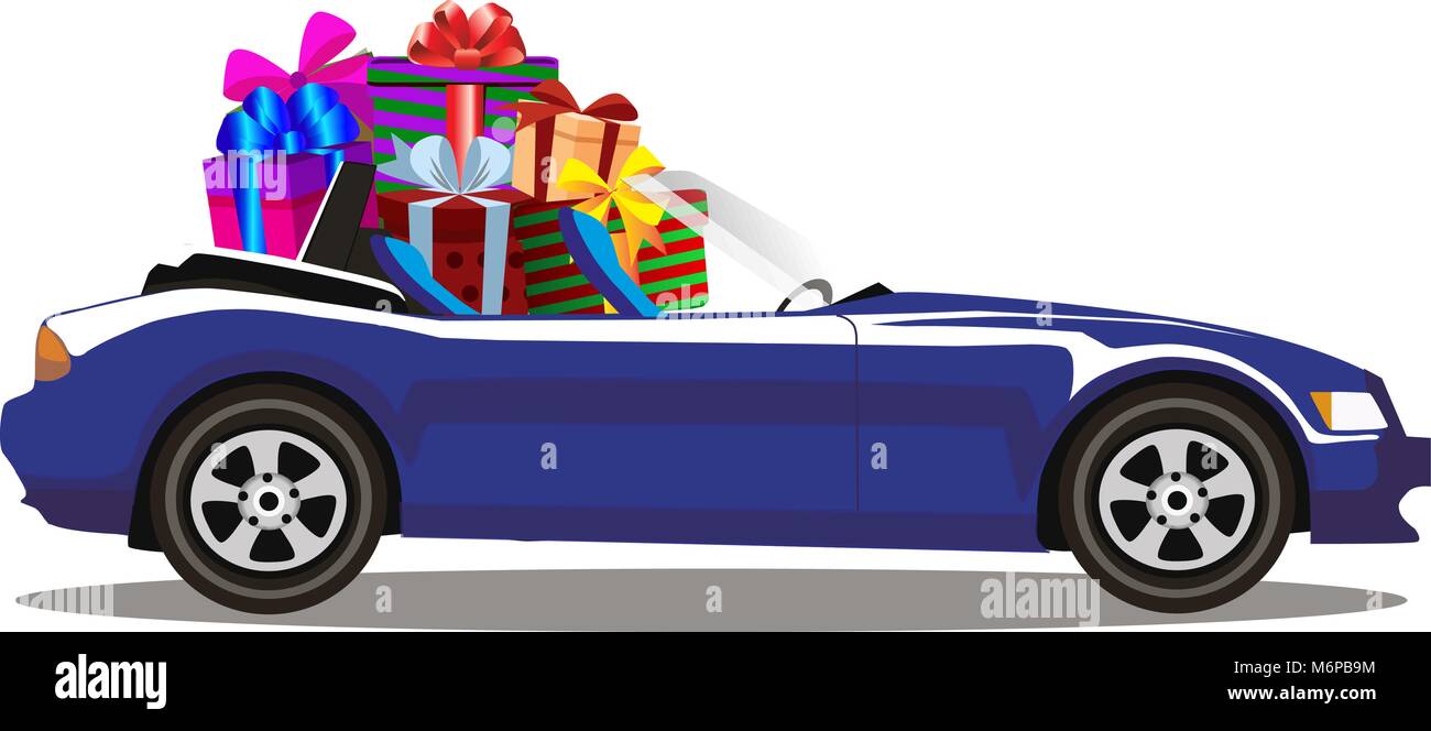 Dark blue modern cartoon cabriolet car full of gift boxes isolated on ...