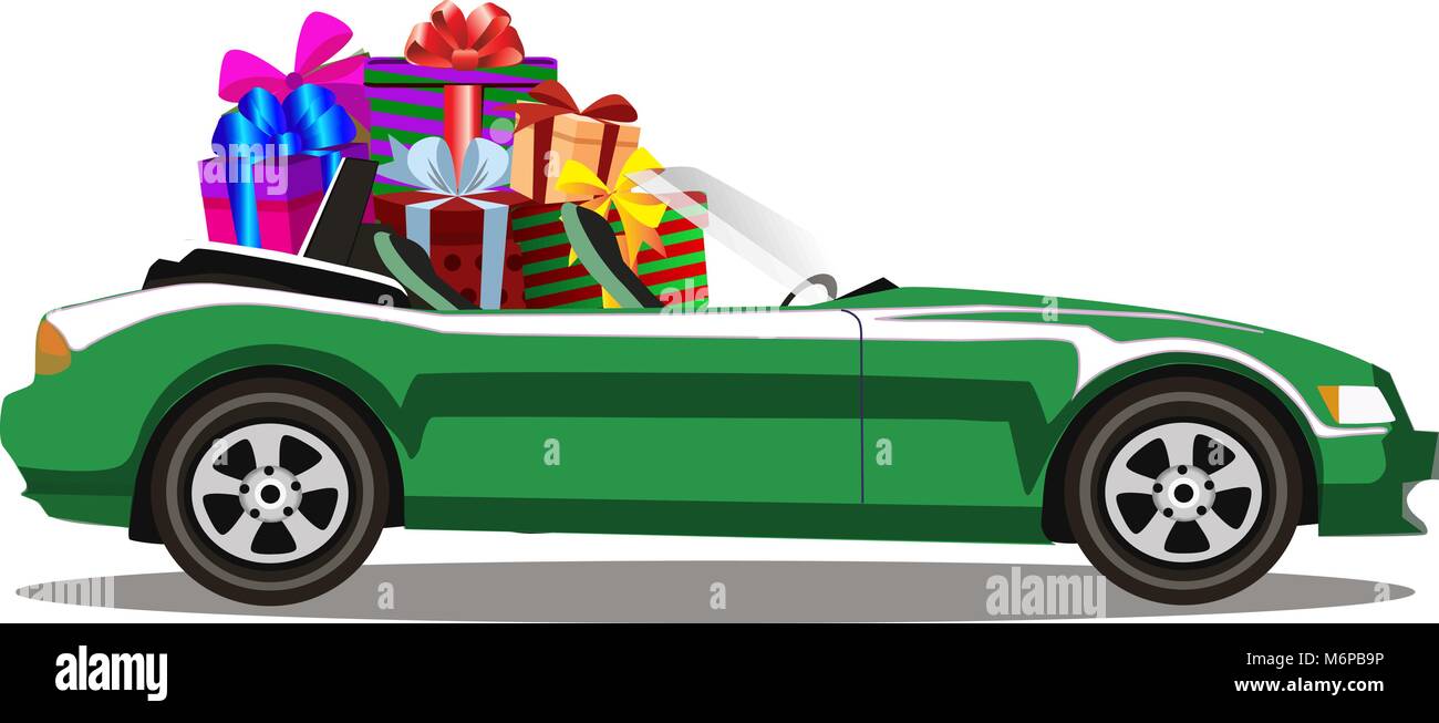 Green modern cartoon cabriolet car full of gift boxes isolated on white ...