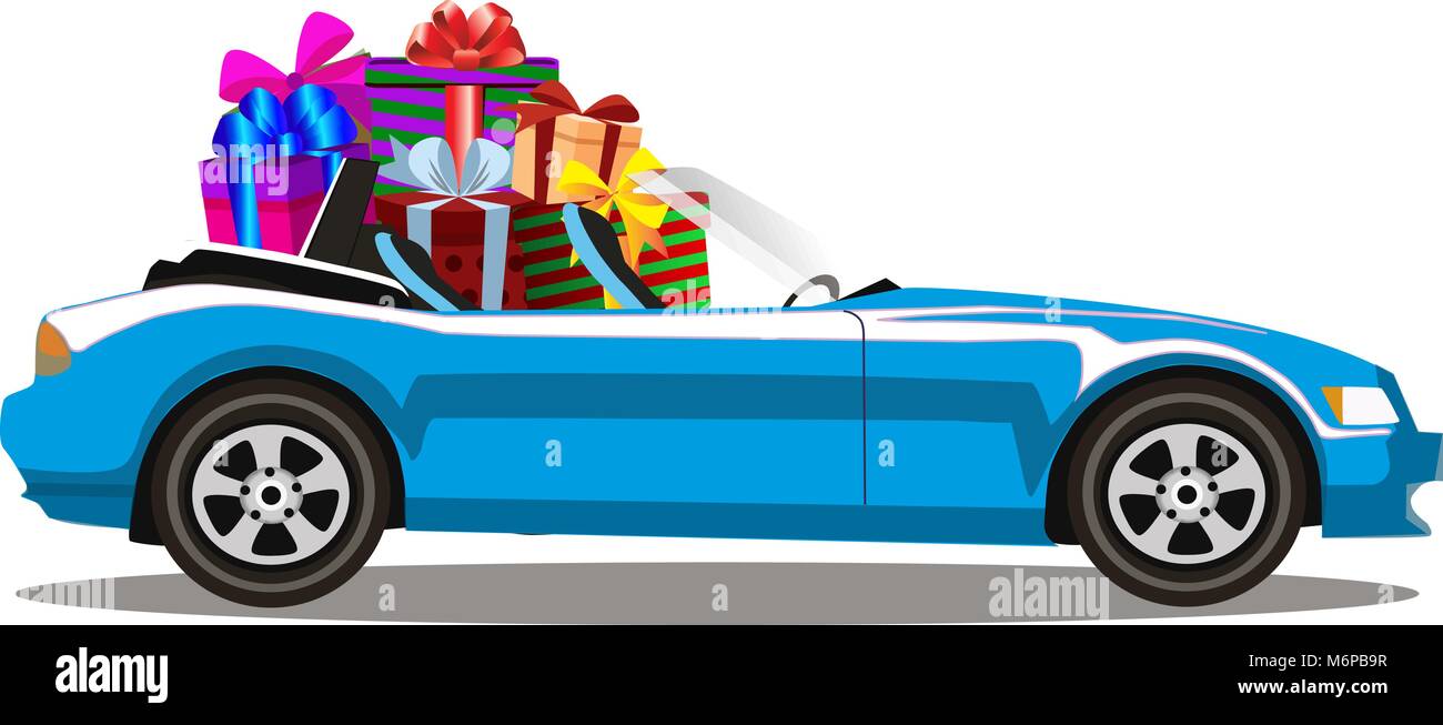Light blue modern cartoon cabriolet car full of gift boxes isolated on ...