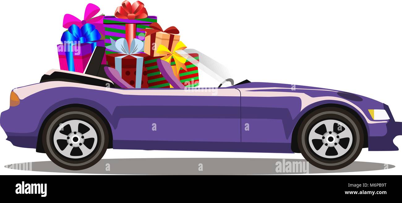 Violet modern cartoon cabriolet car full of gift boxes isolated on ...