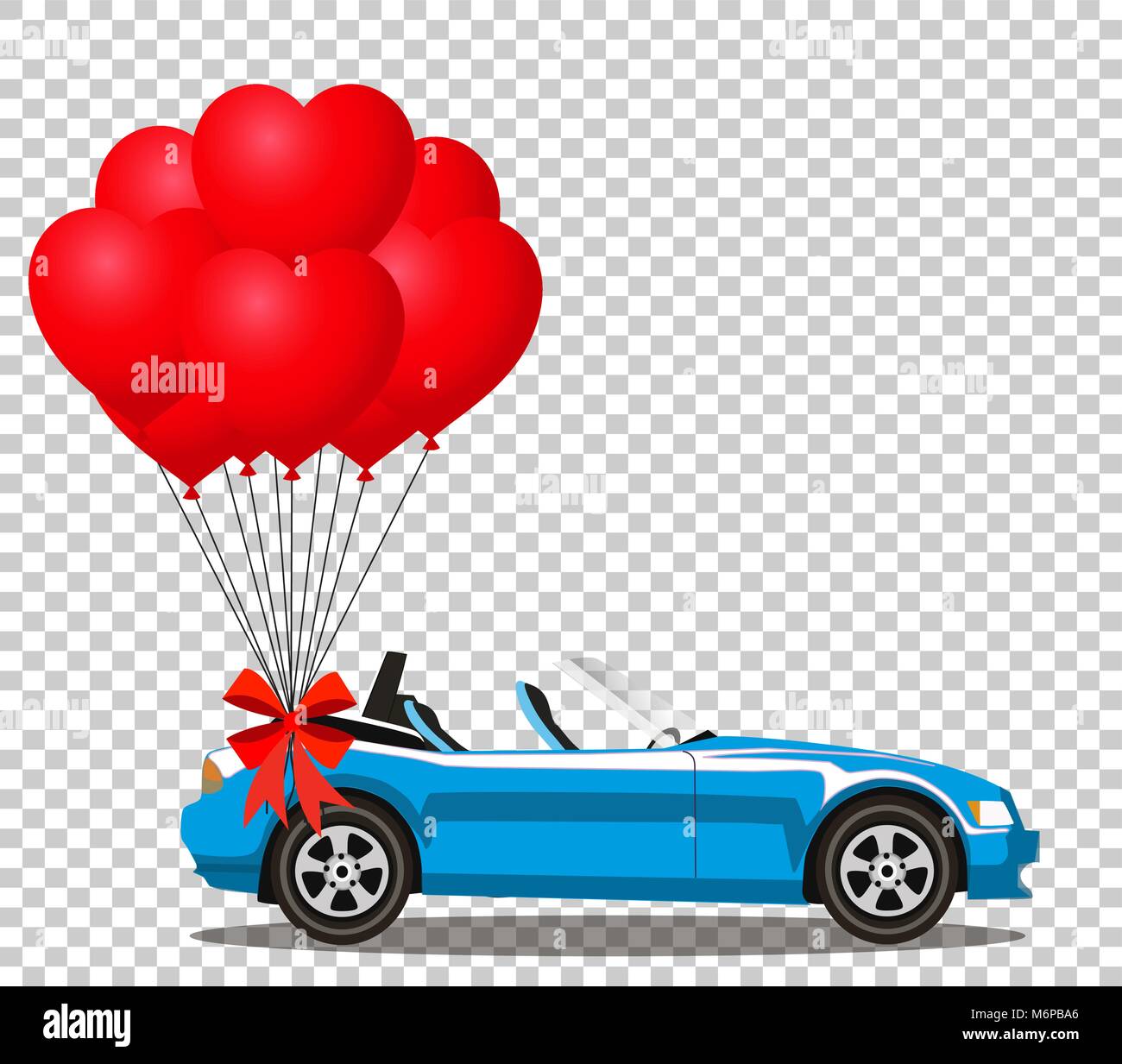 Blue modern opened cartoon cabriolet car with bunch of red helium heart ...