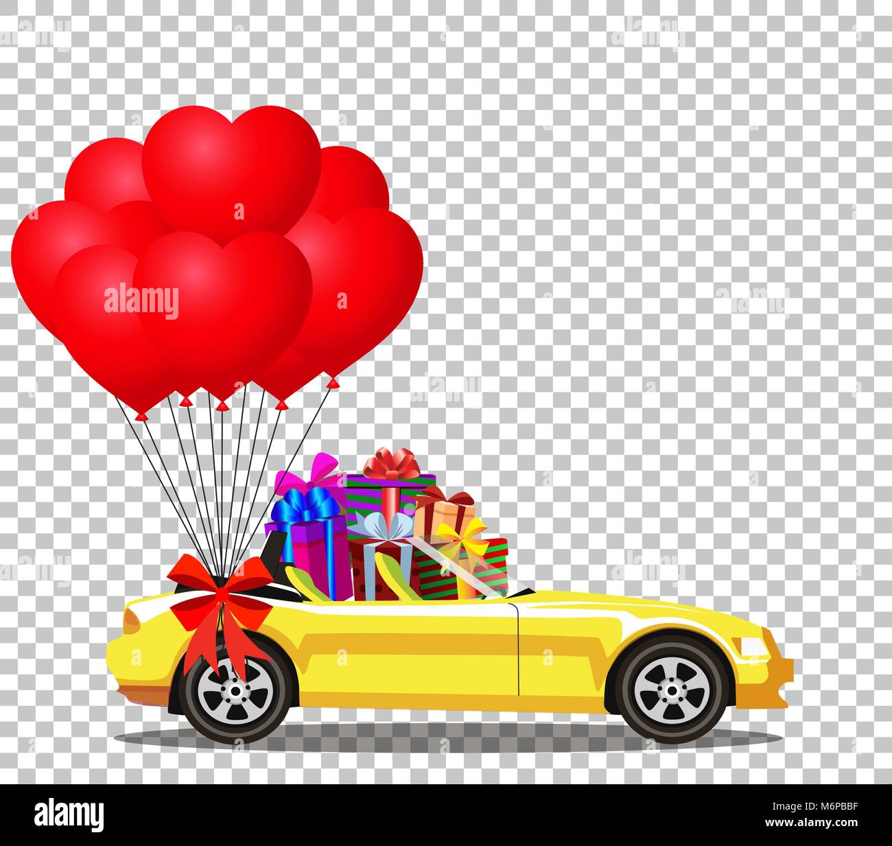 Yellow modern opened cartoon cabriolet car full of gift boxes and bunch ...