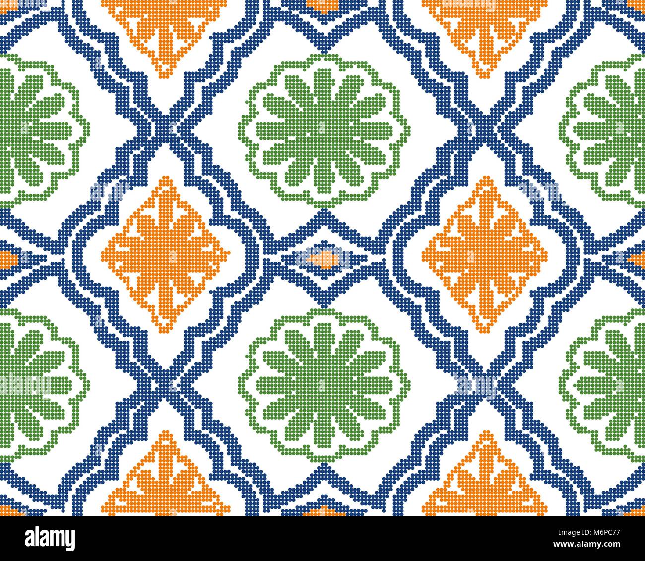 Halftone colorful seamless retro pattern orange green flower curve ...
