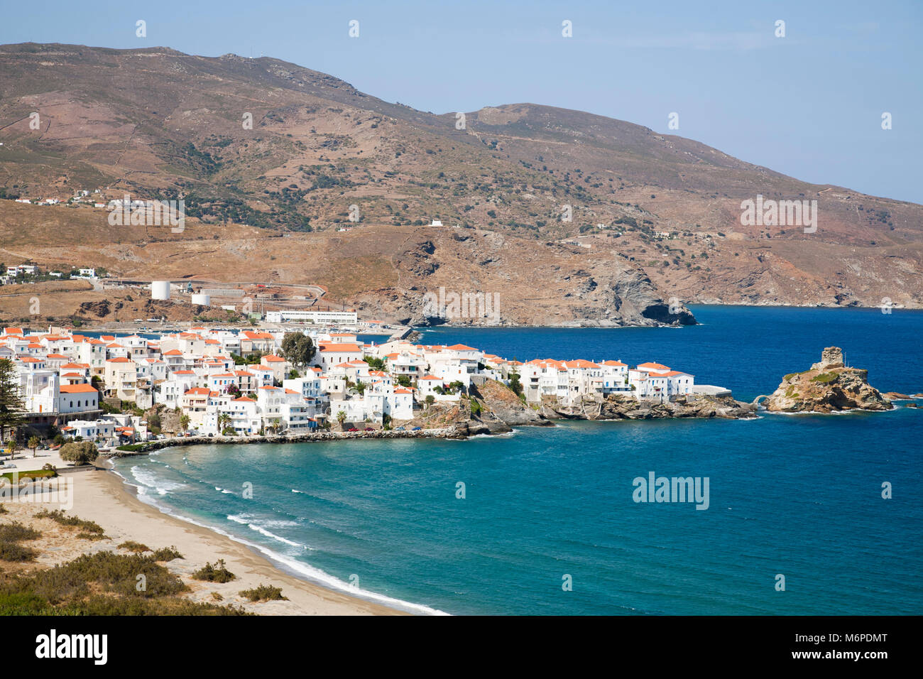 bay and view of Chora village, Andros island, Cyclades islands, Aegean ...