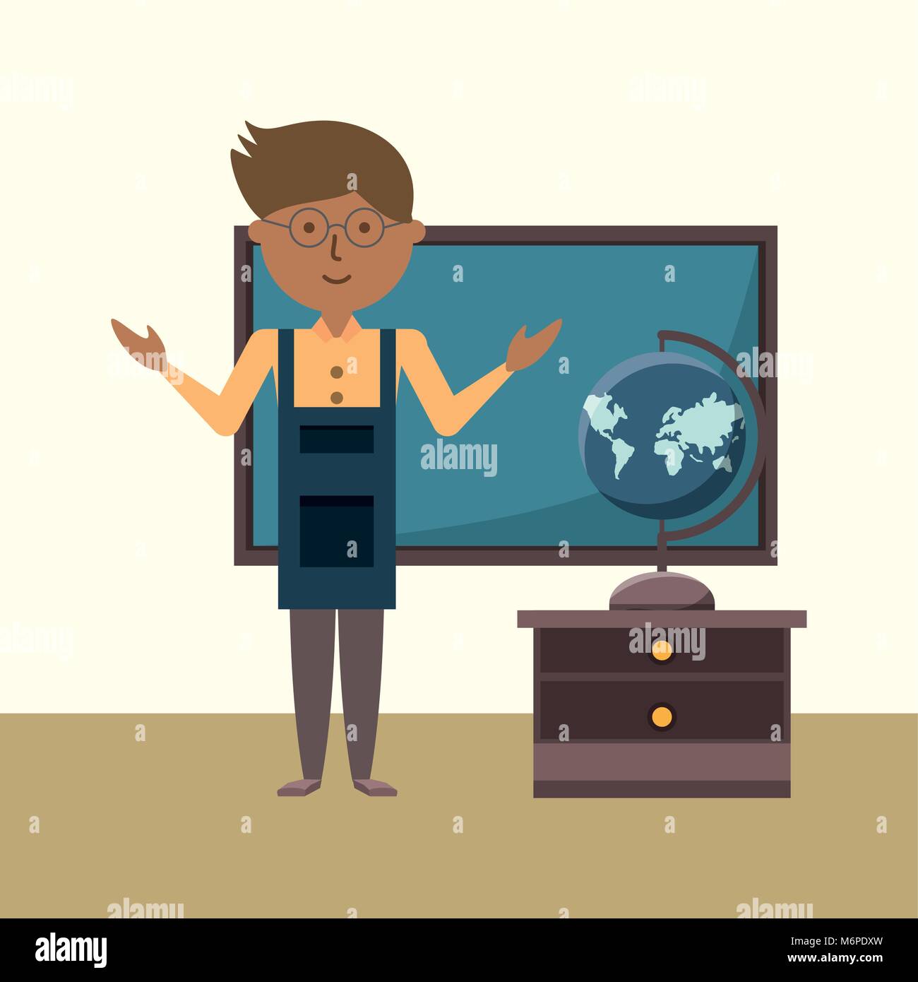 School geography teacher at the board over white background, colorful ...