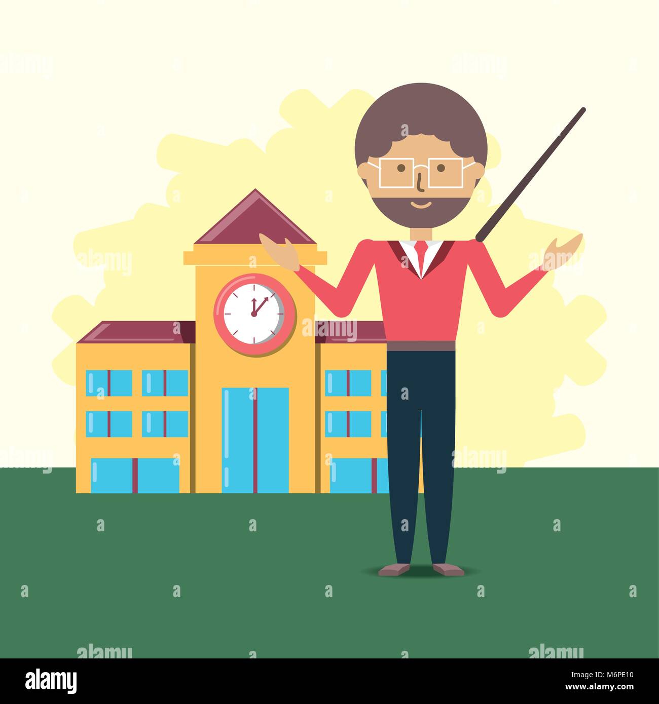 Cartoon teacher standing over school building, colorful design. vector ...