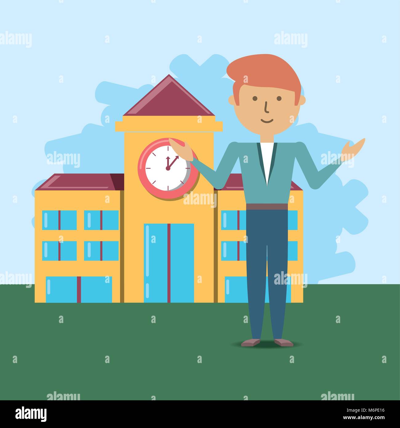 Cartoon teacher standing over school building, colorful design. vector ...
