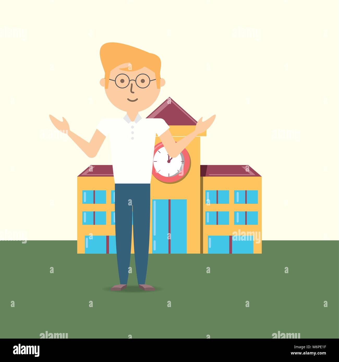 Cartoon teacher standing over school building, colorful design. vector ...