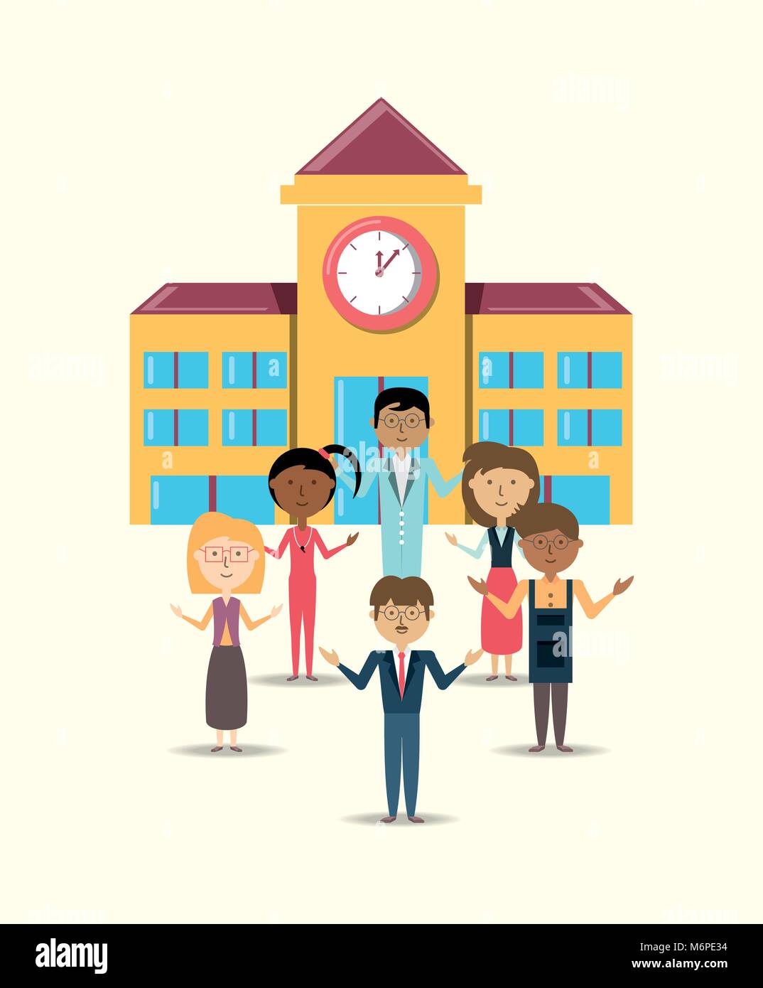 cartoon teachers standing over School building over white background ...