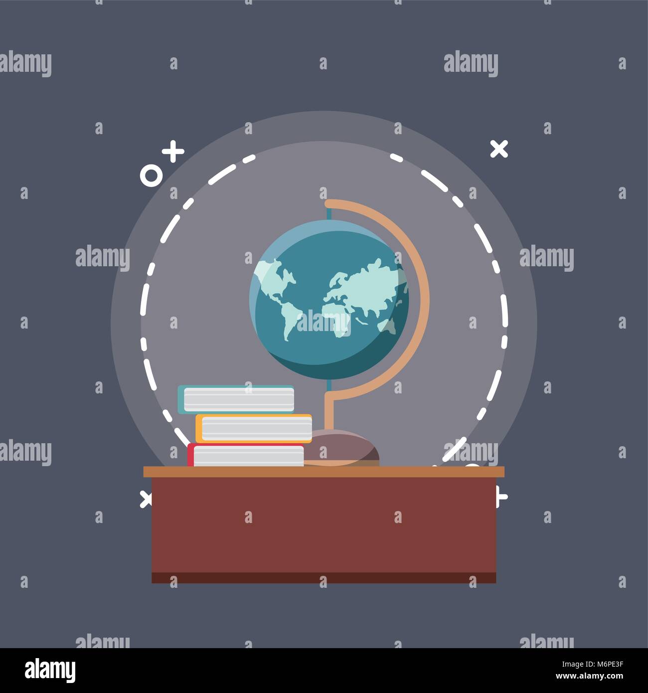 desk with geography tools and books over gray background, colorful ...