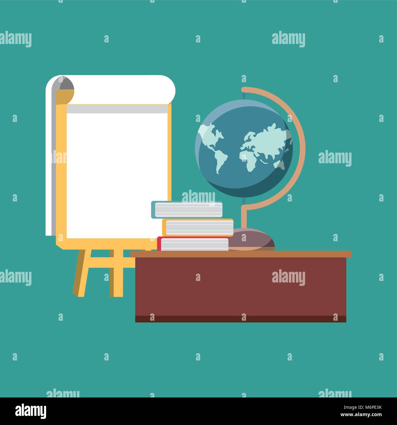 paint canva board and desk with geography tool and books over turquoise ...