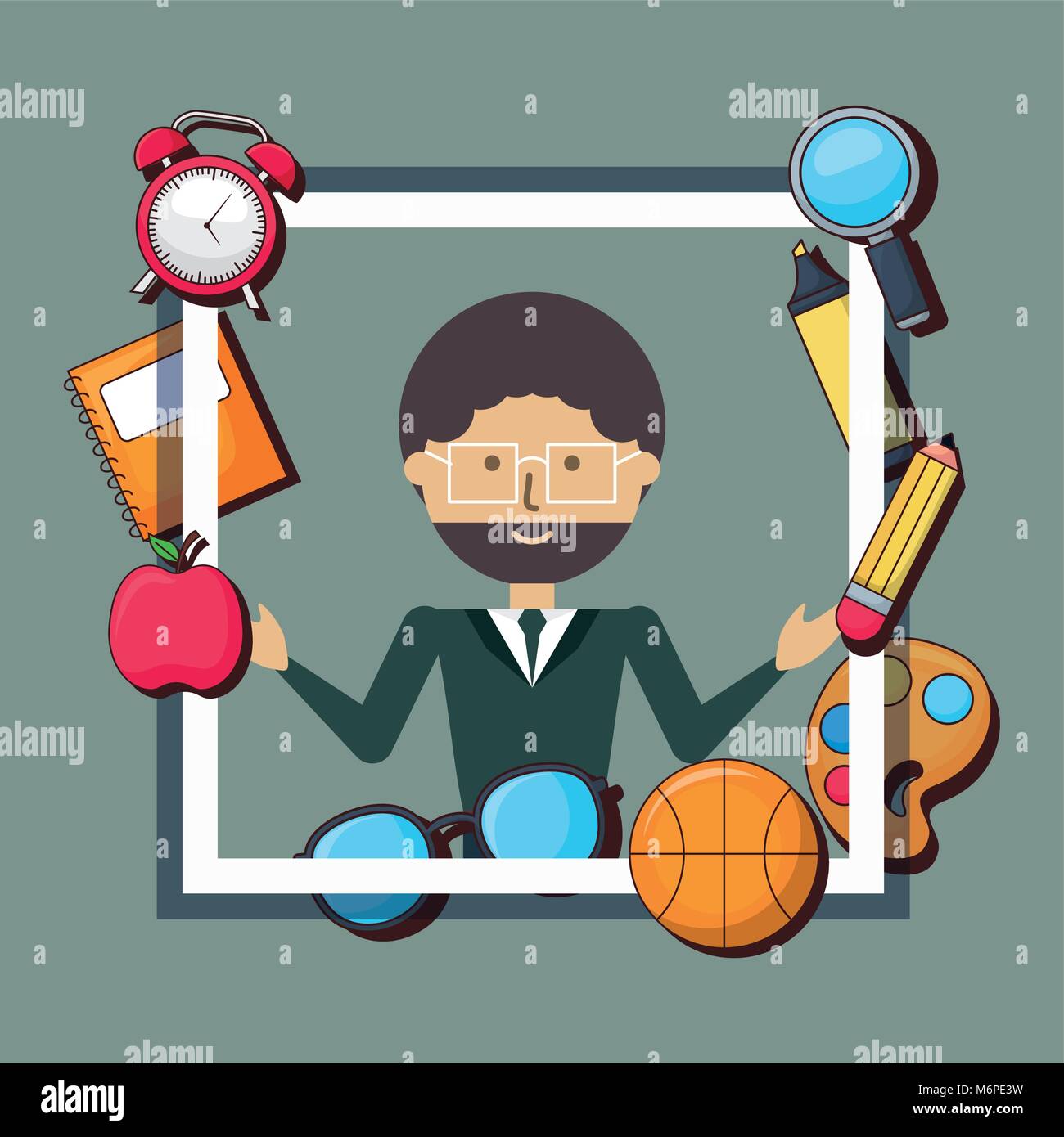 Cartoon teacher and decorative frame with school objects around over ...