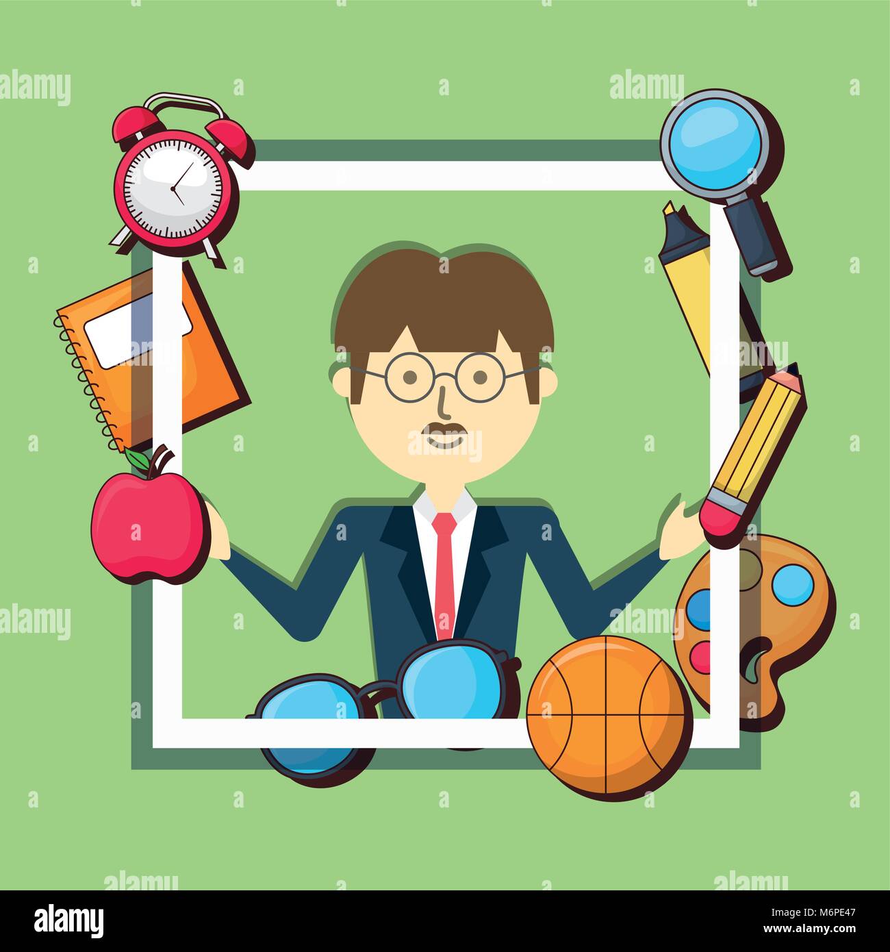 Cartoon teacher and decorative frame with school objects around over ...