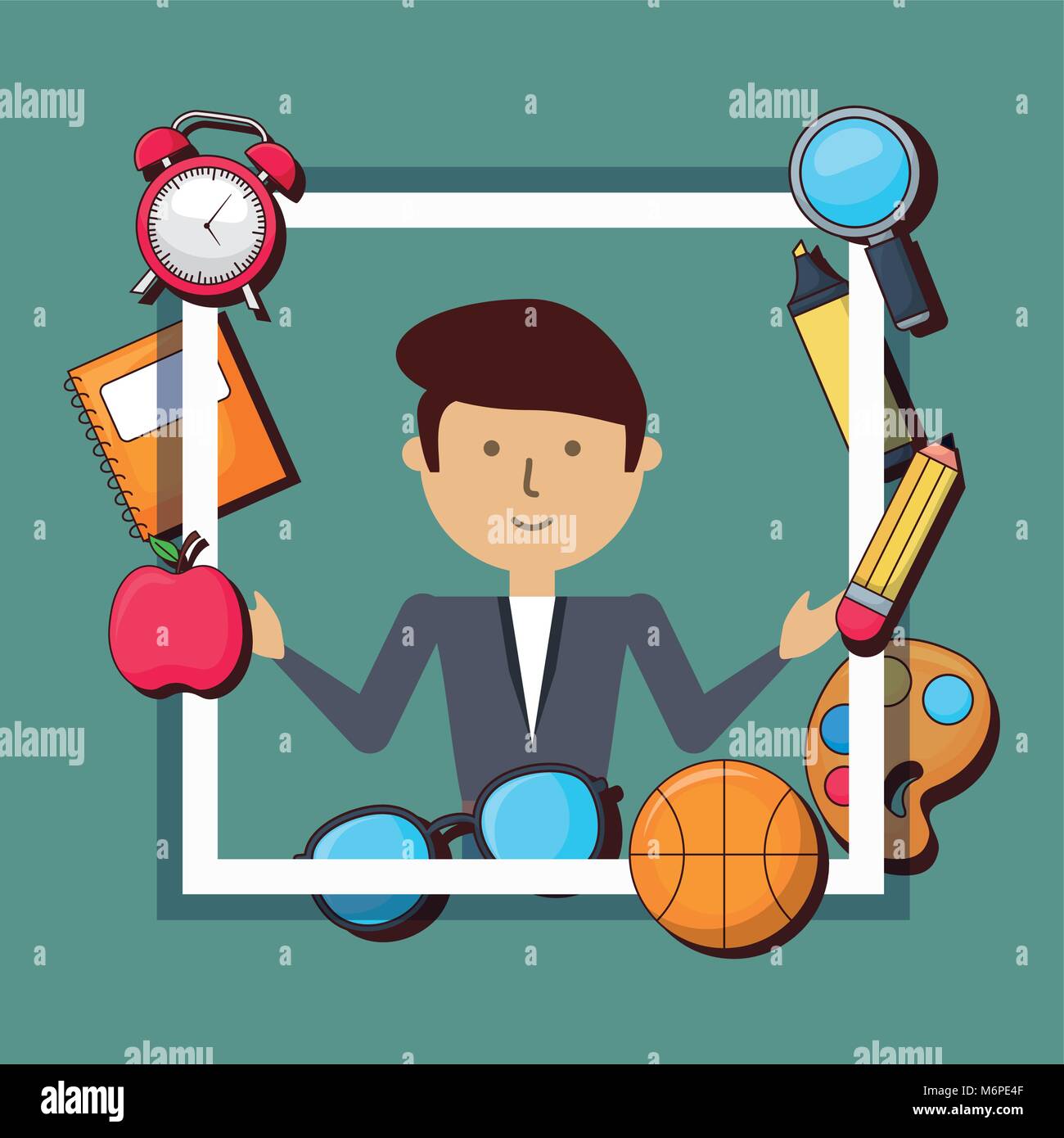 Cartoon teacher and decorative frame with school objects around ...