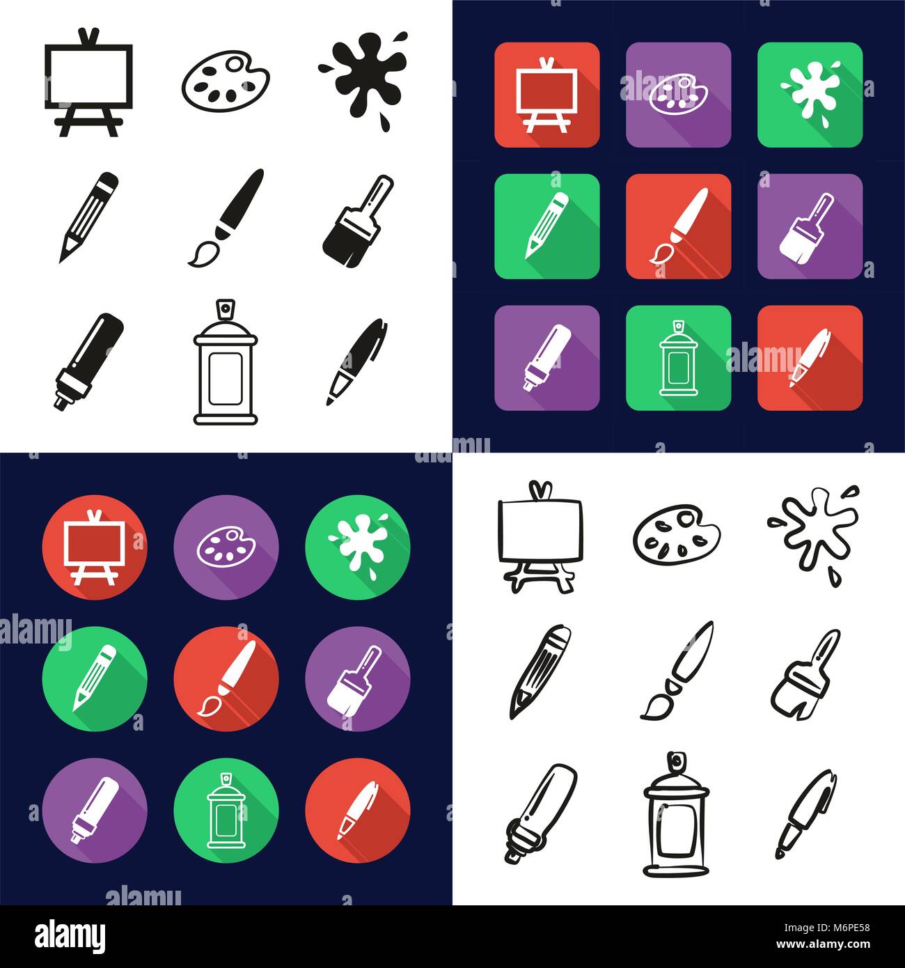 Painting Or Drawing Tools All in One Icons Black & White Color Flat ...