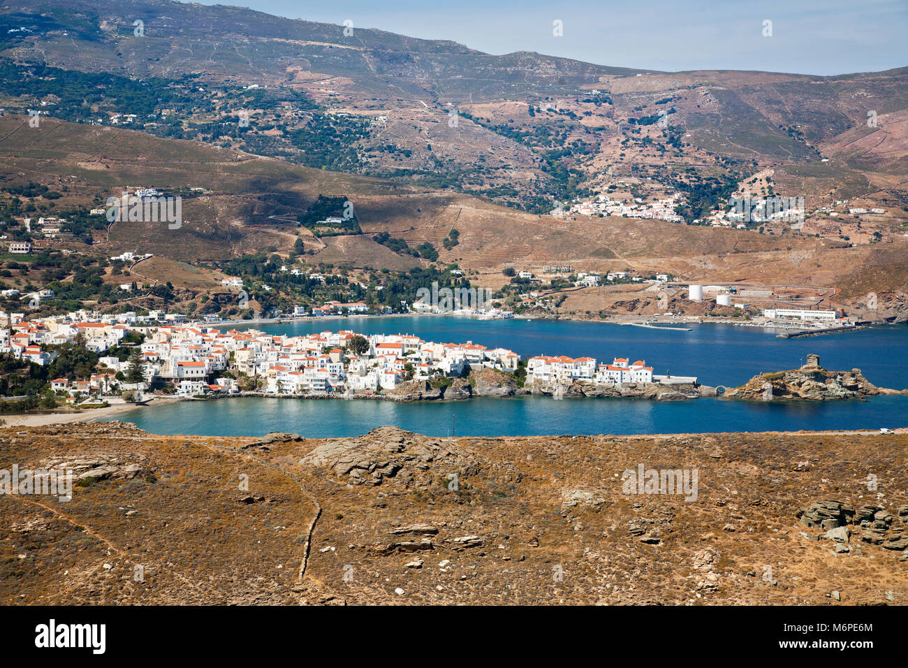 bay and view of Chora village, Andros island, Cyclades islands, Aegean ...