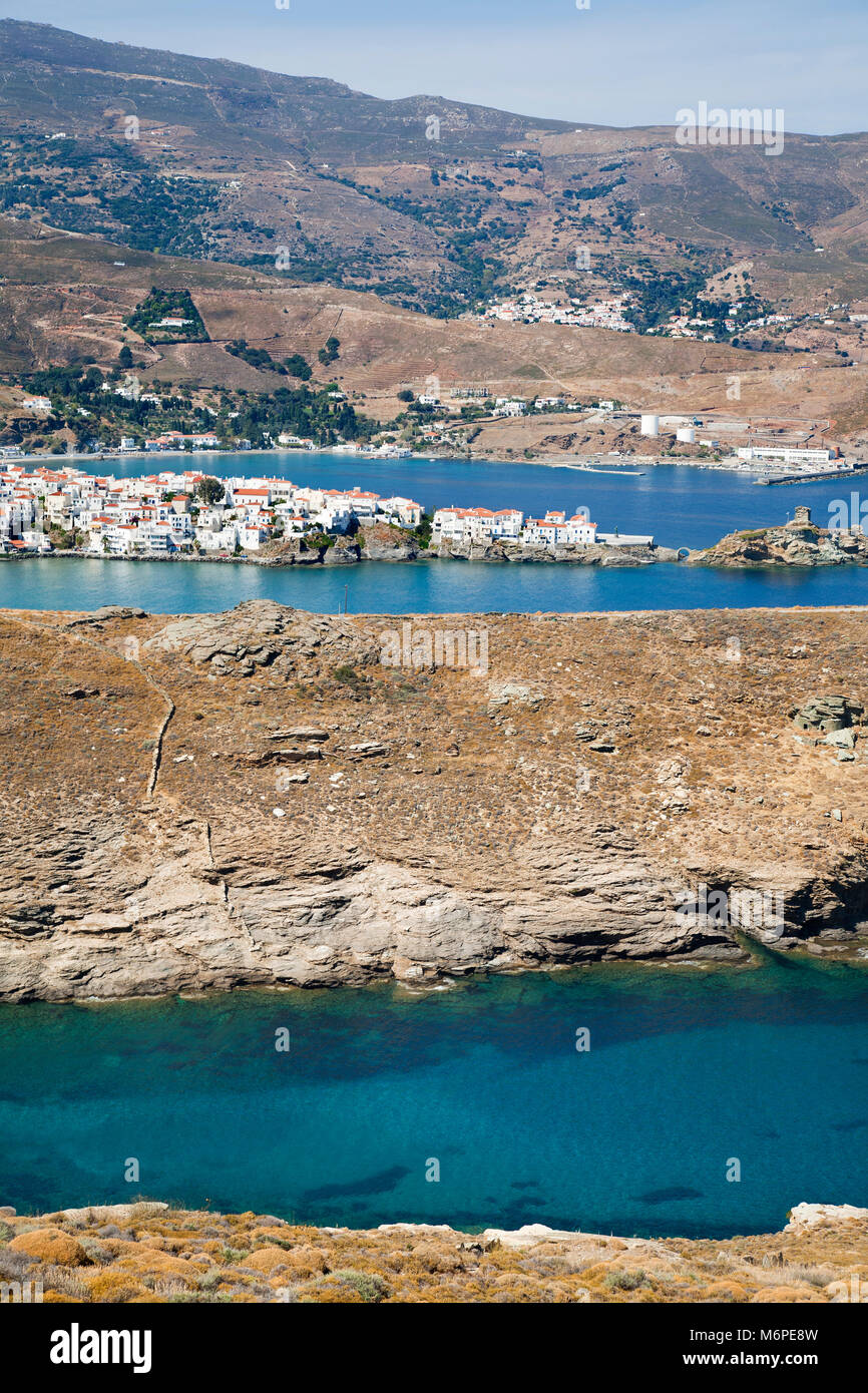 bay and view of Chora village, Andros island, Cyclades islands, Aegean ...