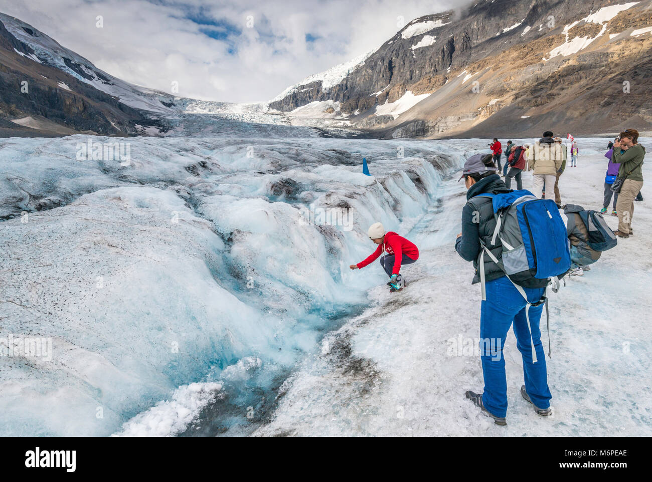 Visitors at Athabasca Glacier, Jasper National Park, Alberta, Canada ...