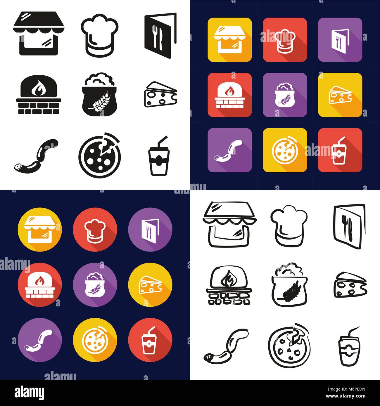 Pizzeria All in One Icons Black & White Color Flat Design Freehand Set ...