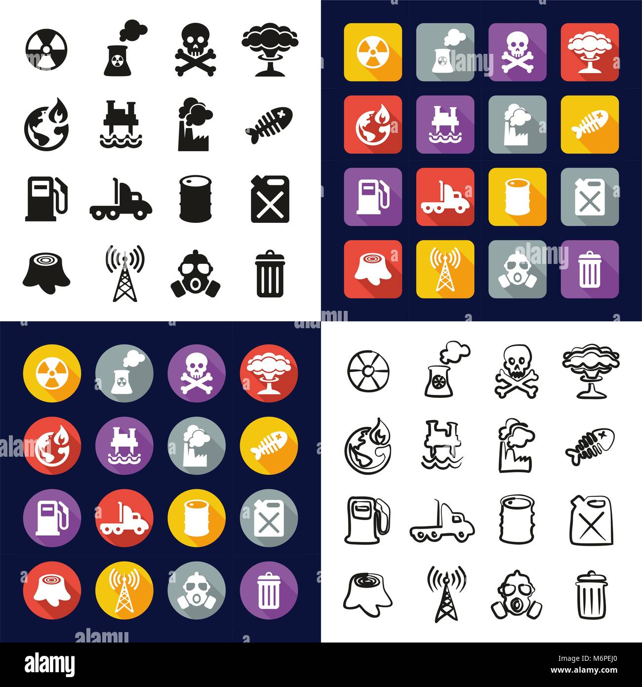 Pollution All in One Icons Black & White Color Flat Design Freehand Set ...