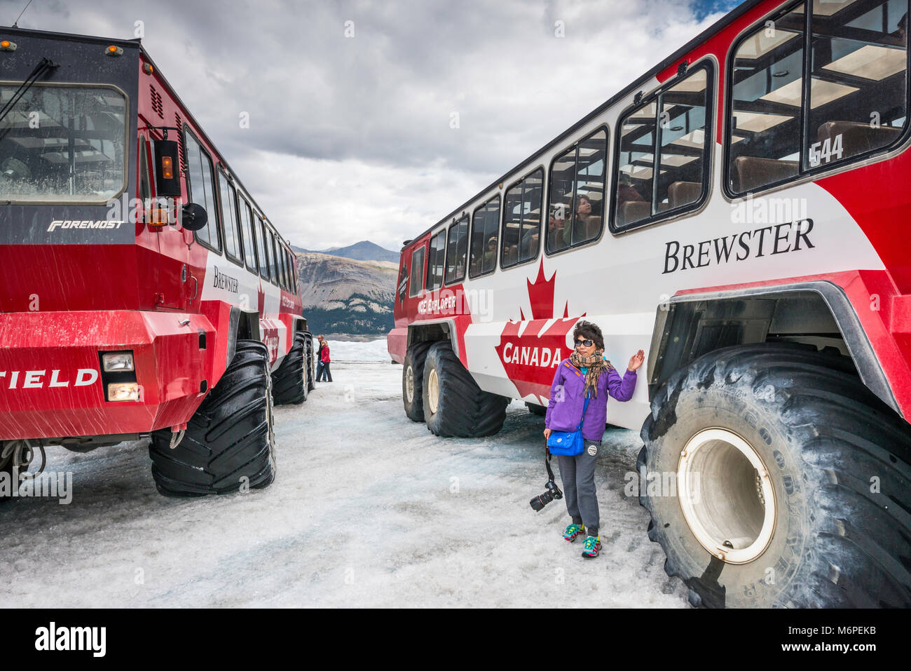 Visitors, snow coaches, at Athabasca Glacier, Jasper National Park ...