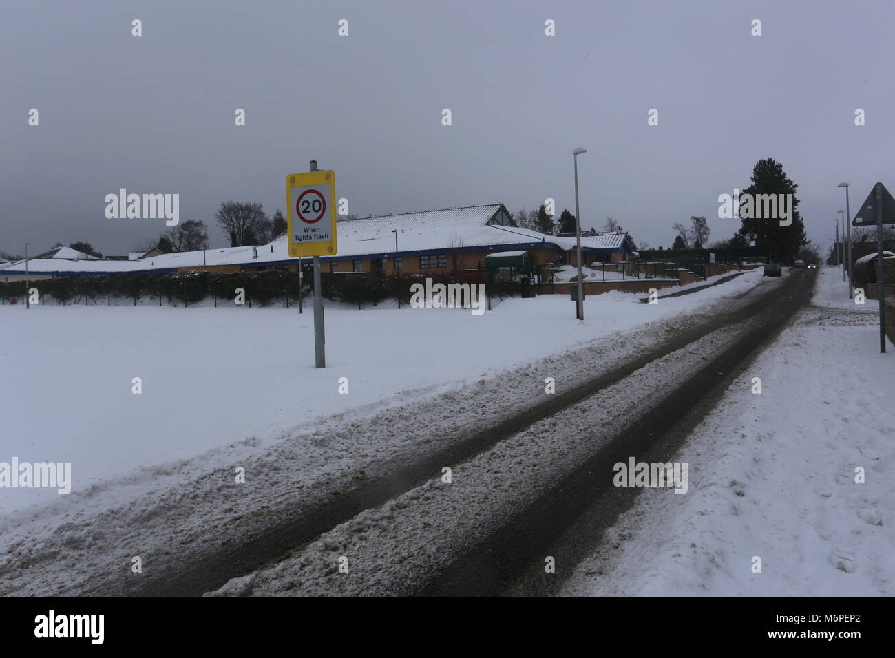 Exterior of Birkhill Primary School with snow Angus Scotland March 2018 ...