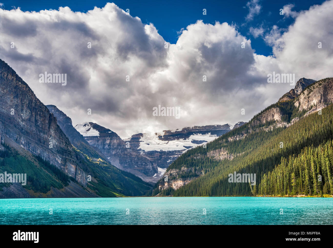 Mount Victoria in clouds over Lake Louise, Canadian Rockies, Banff ...