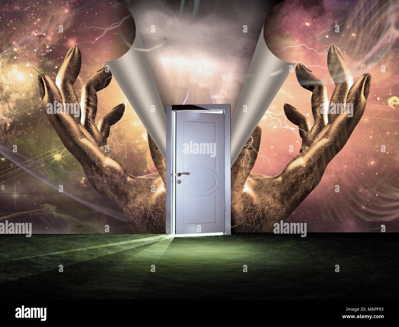 Surrealism. Hands of God. White door Stock Photo - Alamy