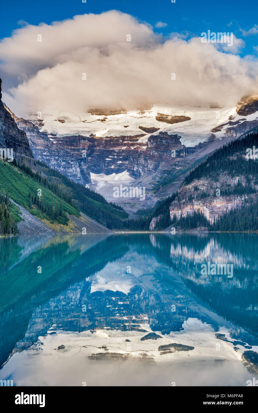Mount Victoria in clouds over Lake Louise, Canadian Rockies, Banff ...