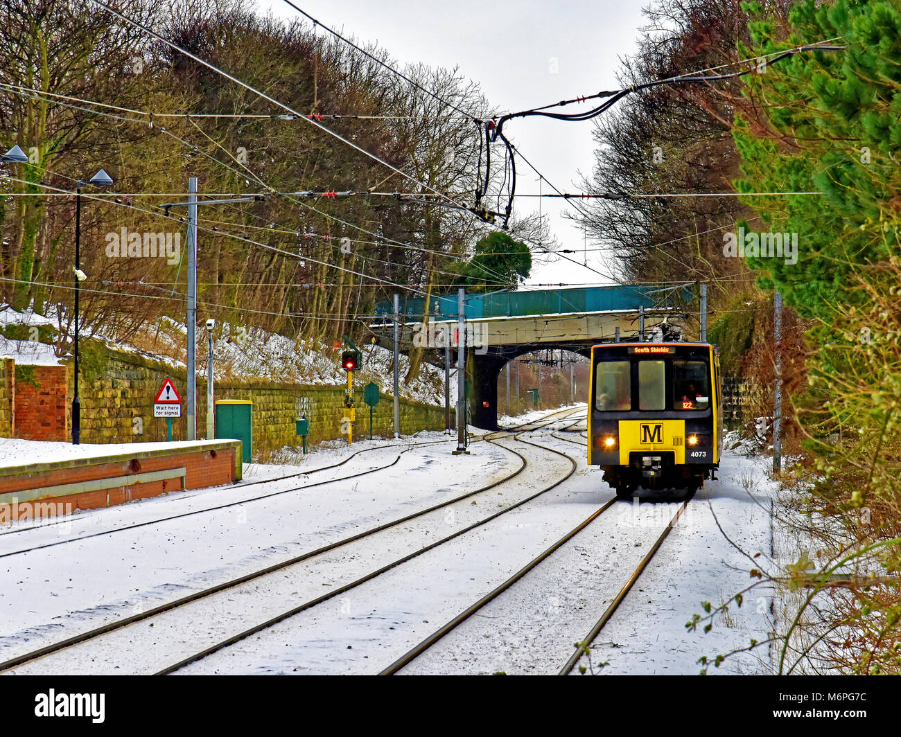 Tyne and Wear Metro train at North Shields during snowfalls of Feb Mar ...
