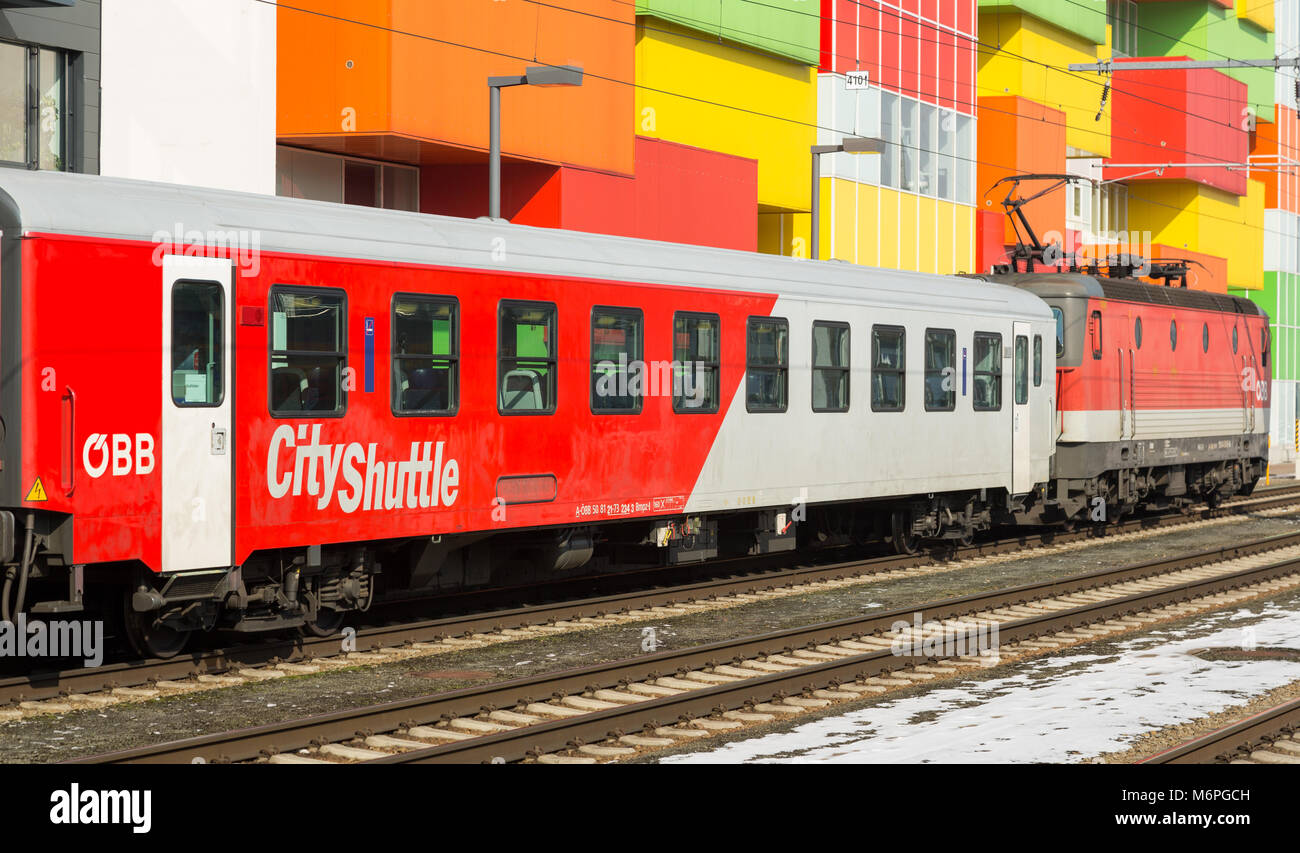 SALZBURG, AUSTRIA - March 03, 2018: Electric OBB City Shuttle train ...