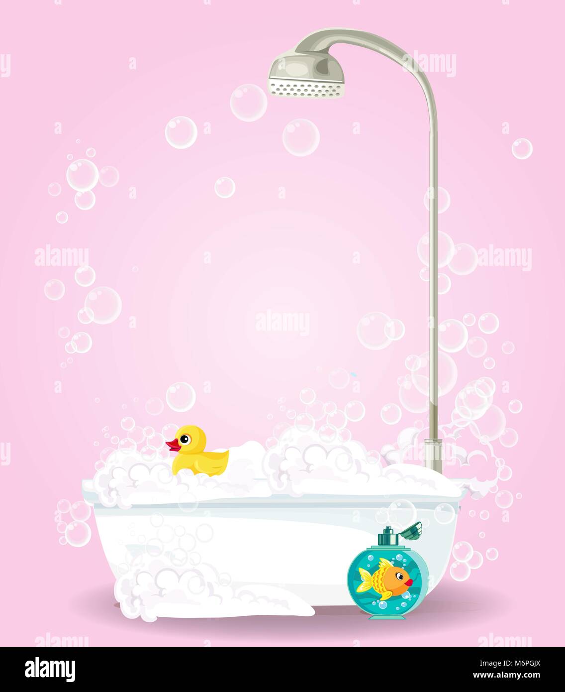 Cute Cartoon Illustration Of Bathtub Full Of Foam Soap Bubbles Bottle